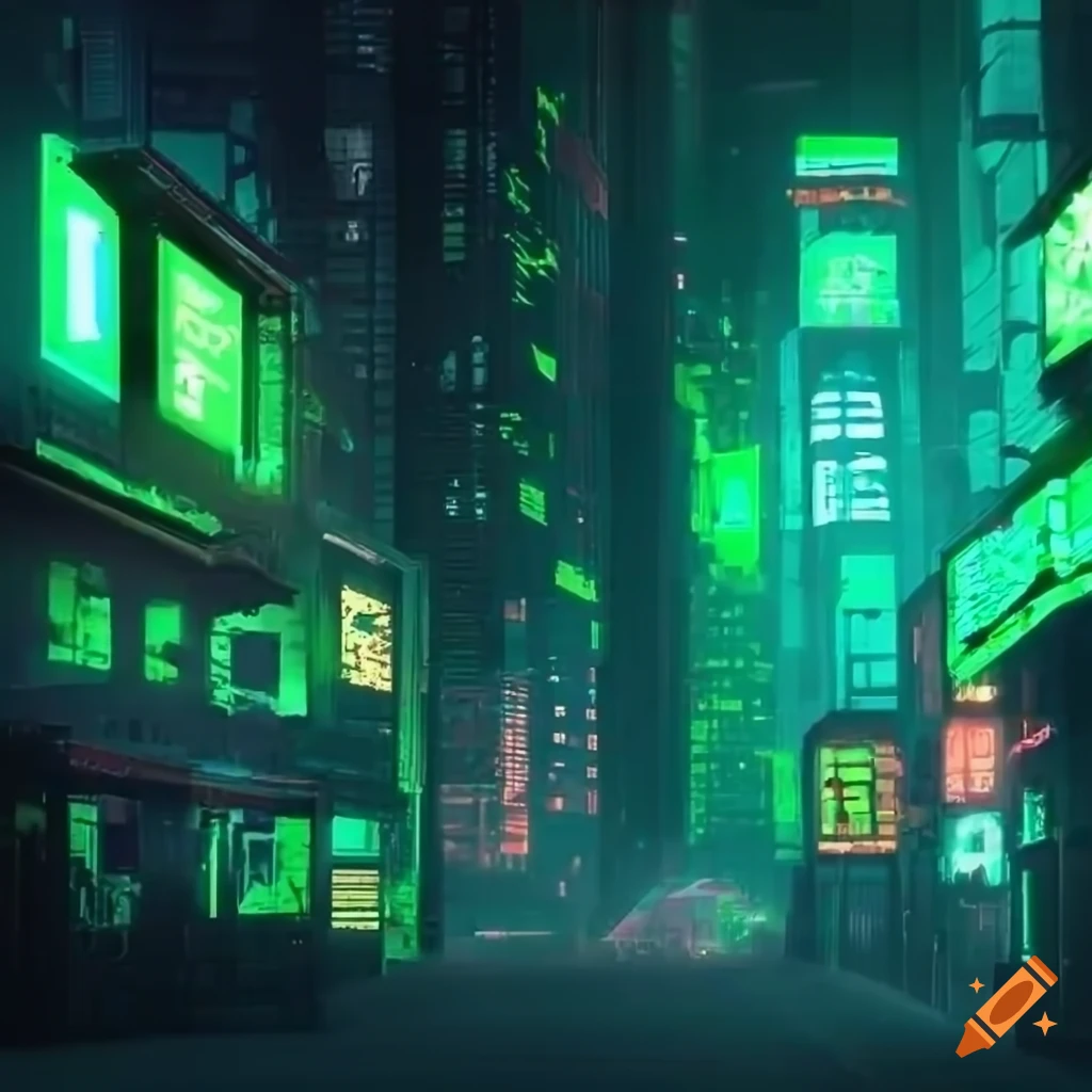 Neon green and black cyberpunk city on Craiyon