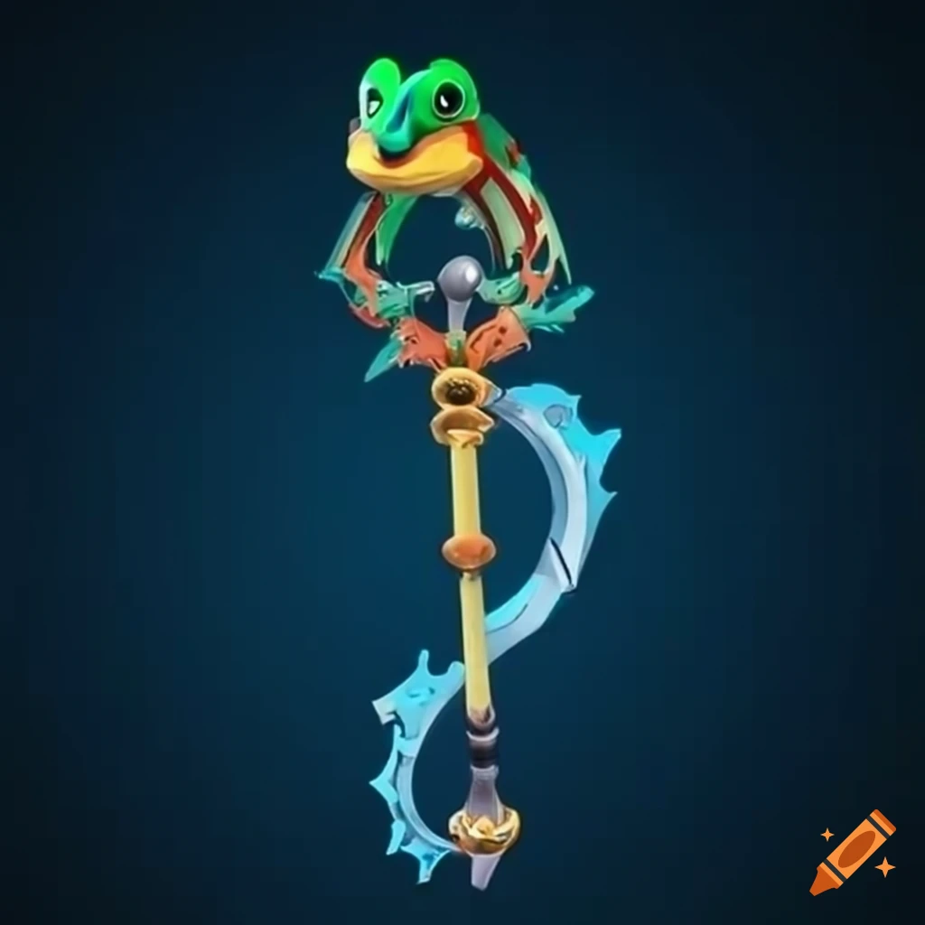 Unique frog-inspired keyblade firing a cannonball on Craiyon