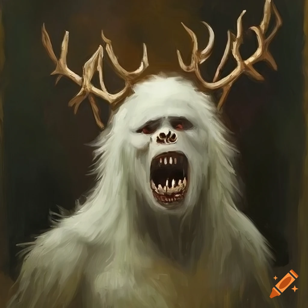 Dark painting of a white yeti with antlers emerging from a forest on ...