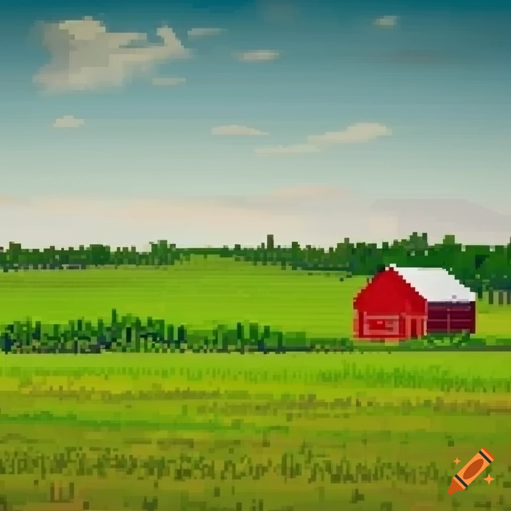 Pixel art farm landscape with open field