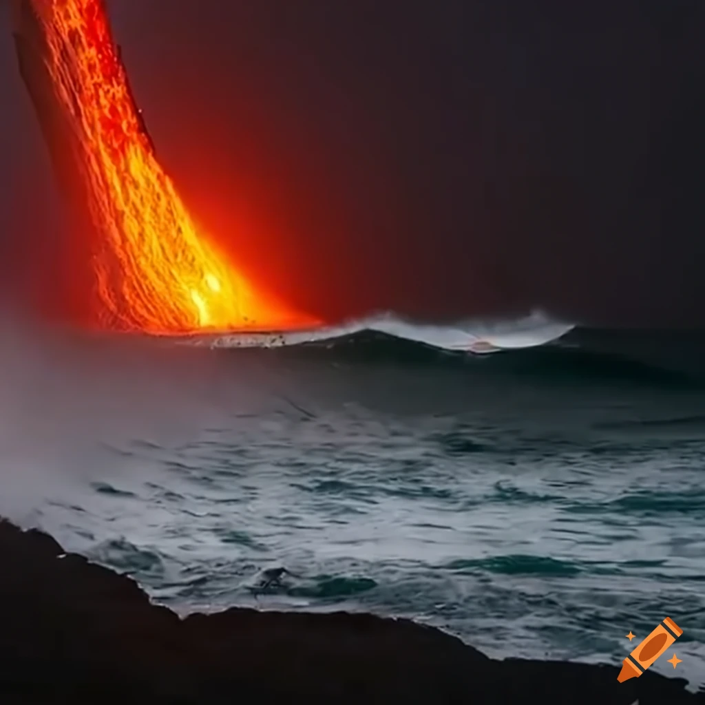 Surfer riding a lava wave under the moonlight