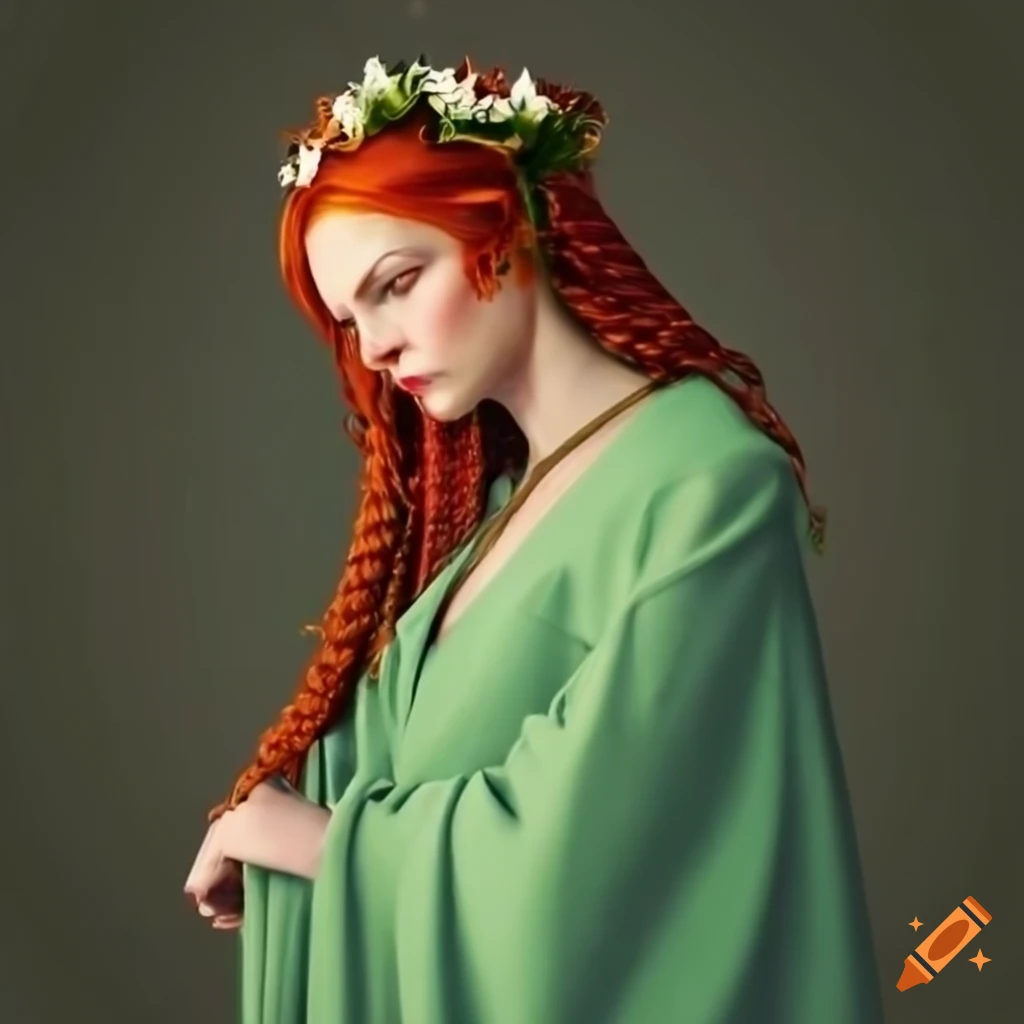 Woman with red braided hair and lily crown on Craiyon