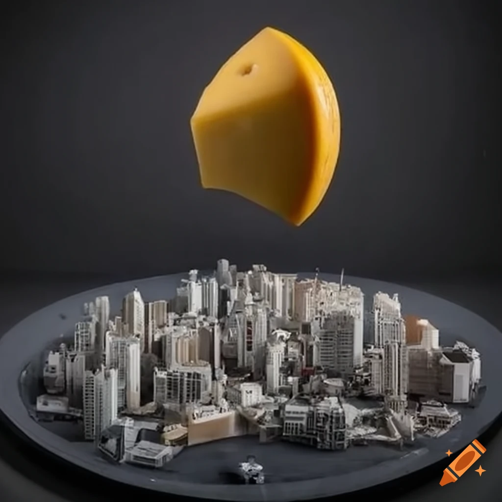Surreal artwork of a floating cheese above a city