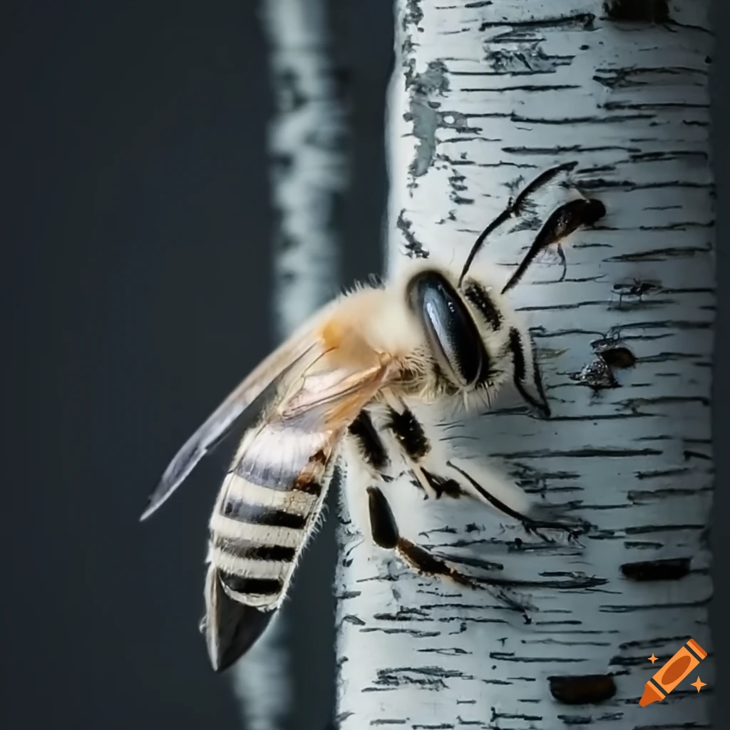 Close-up of a white bee on a birch tree on Craiyon