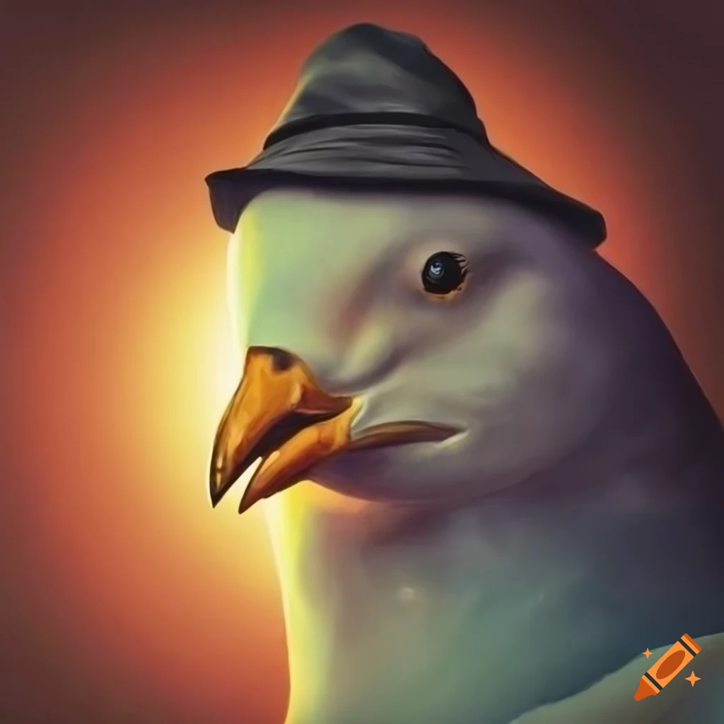 Whimsical artwork of a seagull with human body under god ray lighting ...