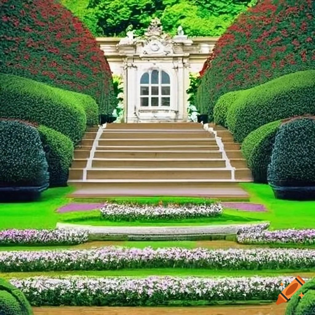 White rococo garden with flowerbeds and stairs on Craiyon