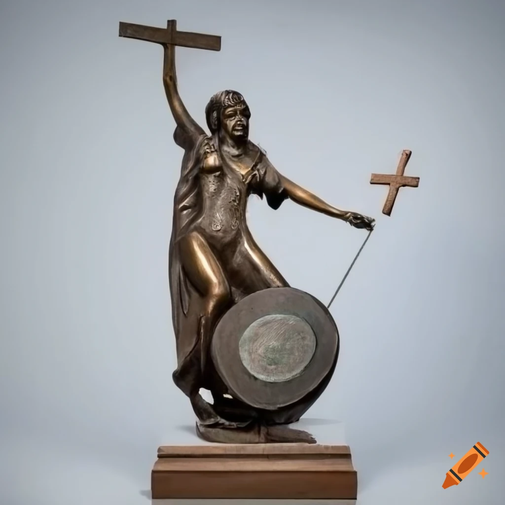 Titanium statue of the hispanic motherland with shield and cross on Craiyon