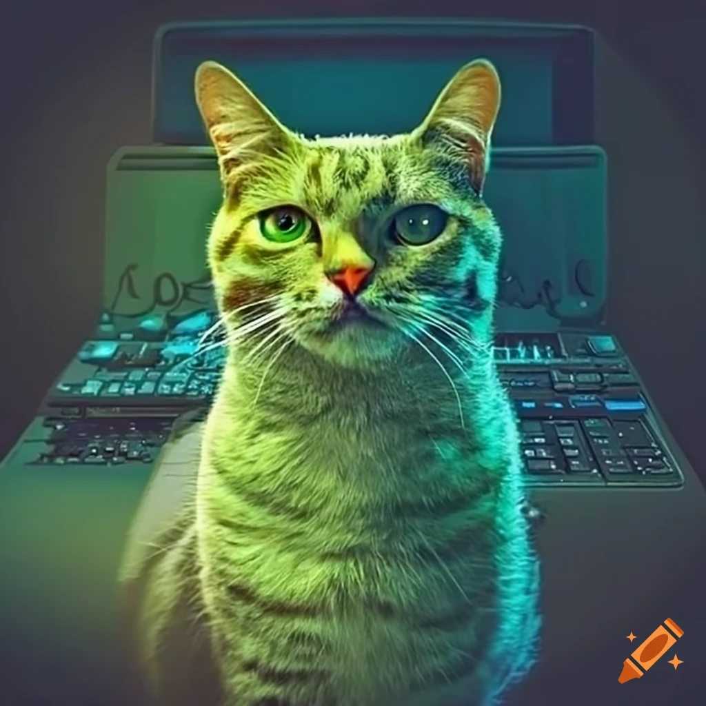 Green cat in a computer room on Craiyon