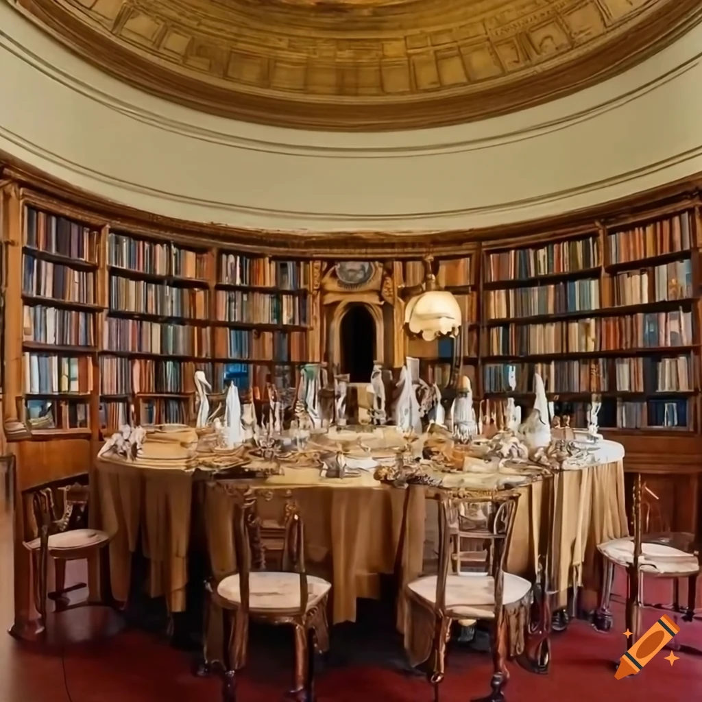 Interior of a library with a round table full of books and scrolls on ...
