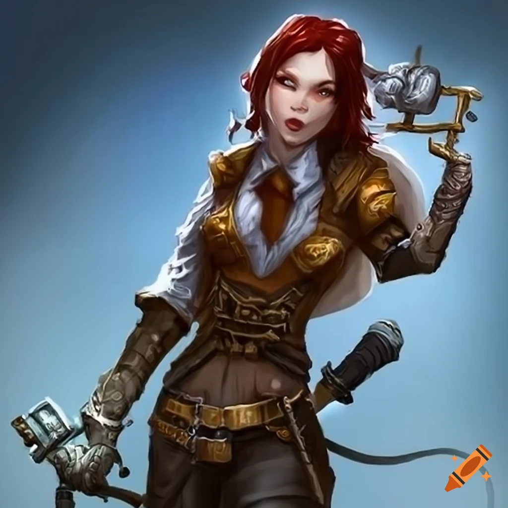 Brave knight-engineer in steampunk attire standing before the iron ...