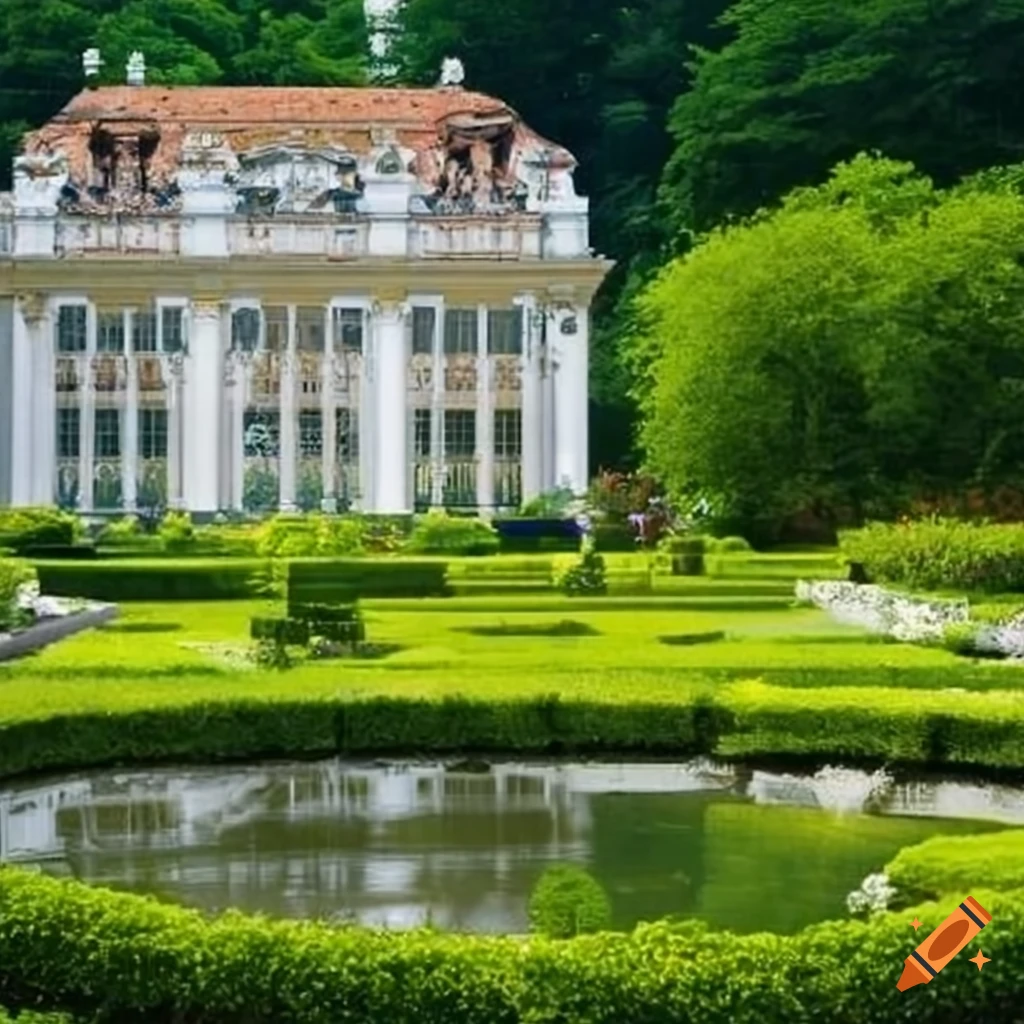 White rococo garden with pond and flowerbeds on Craiyon