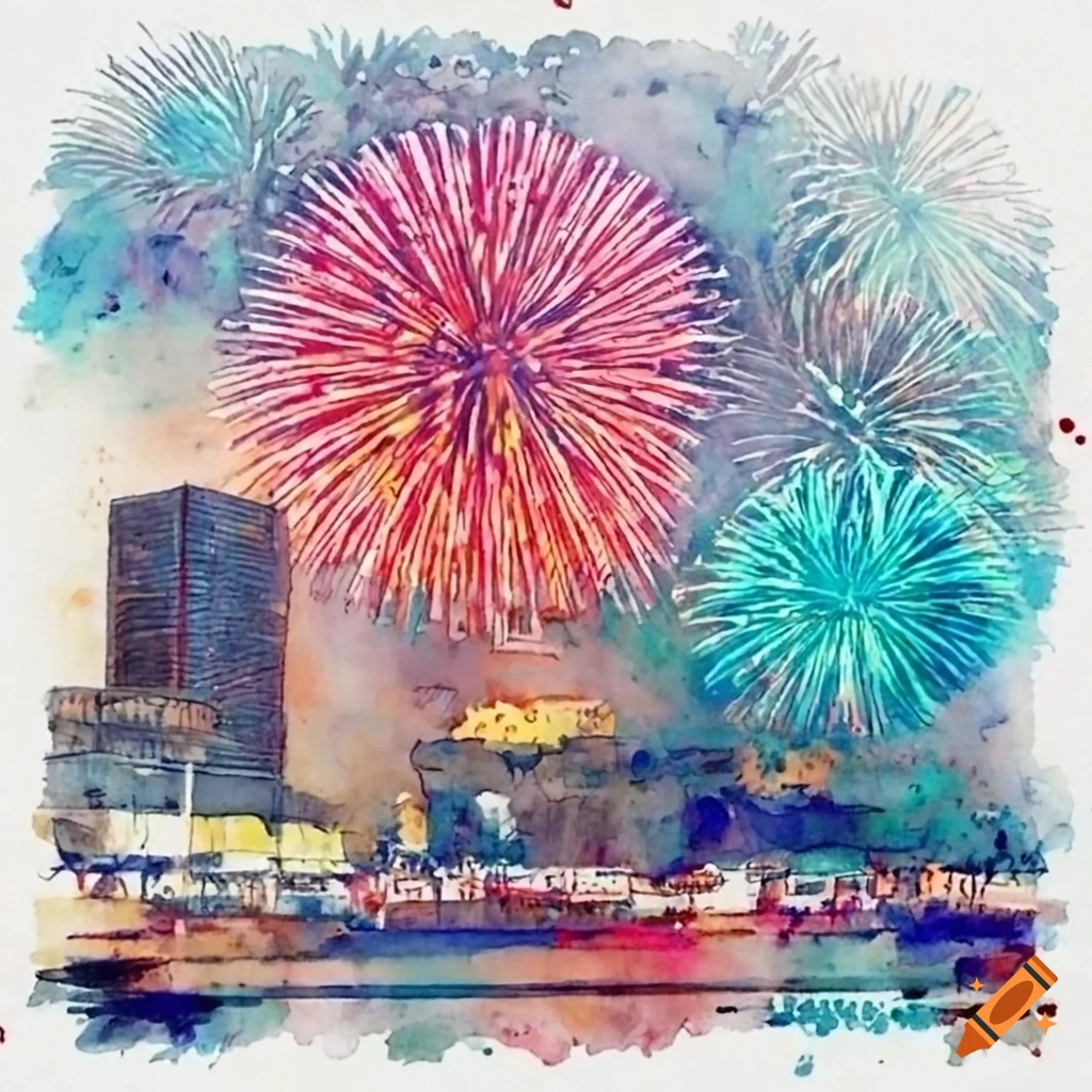 Fireworks festival artwork in watercolor style on Craiyon
