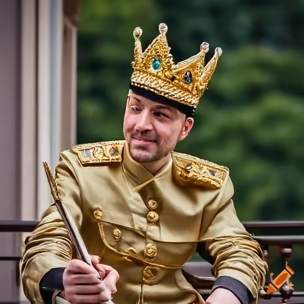 Portrait of a man wearing a crown and golden military clothing on Craiyon