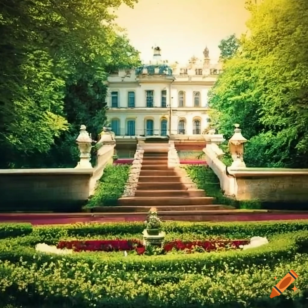 A picturesque rococo garden with flowerbeds and stairs on Craiyon