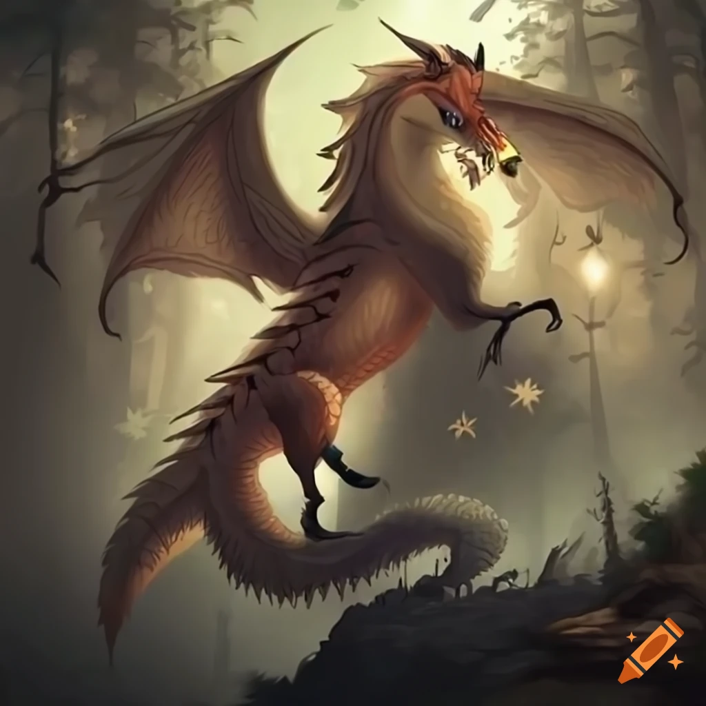 Illustration of a fox riding a dragon in a magical forest on Craiyon