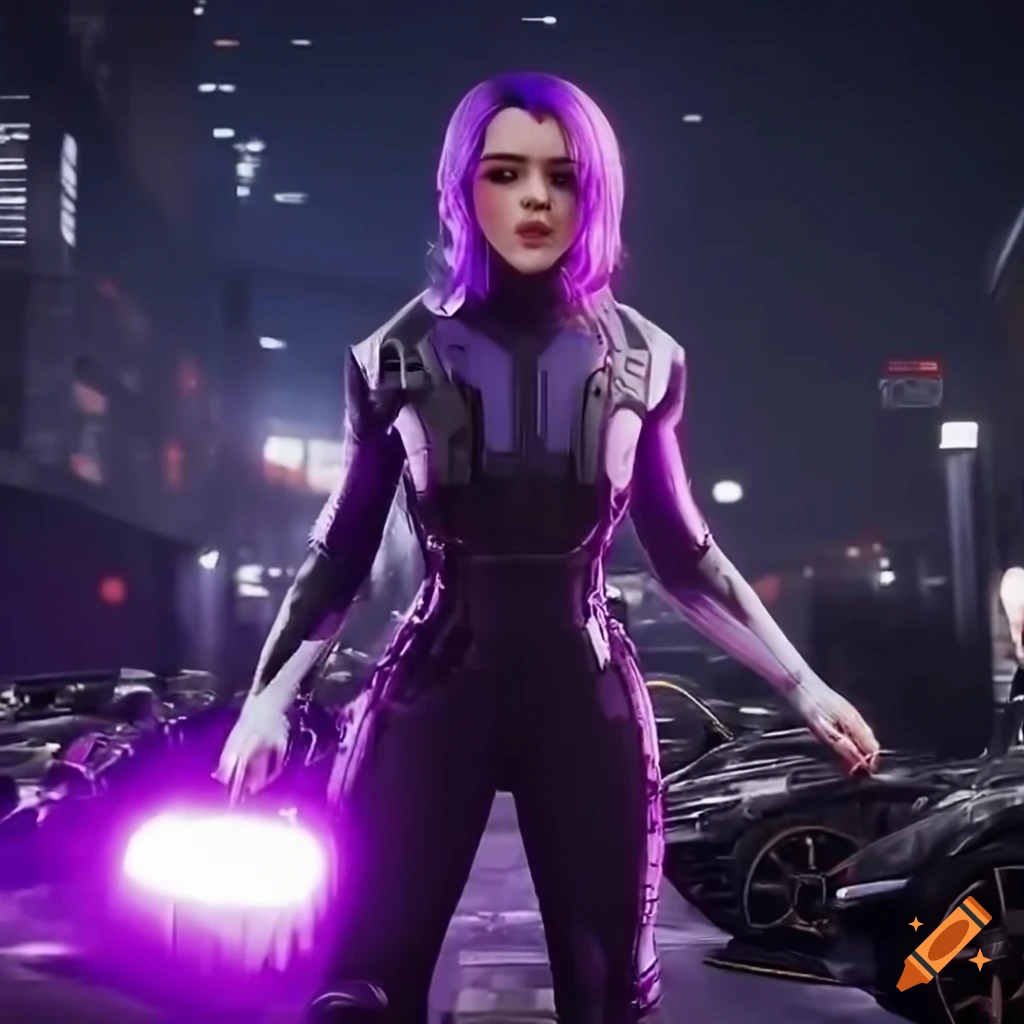Maisie Williams as a purple-haired sci-fi girl in London street with ...
