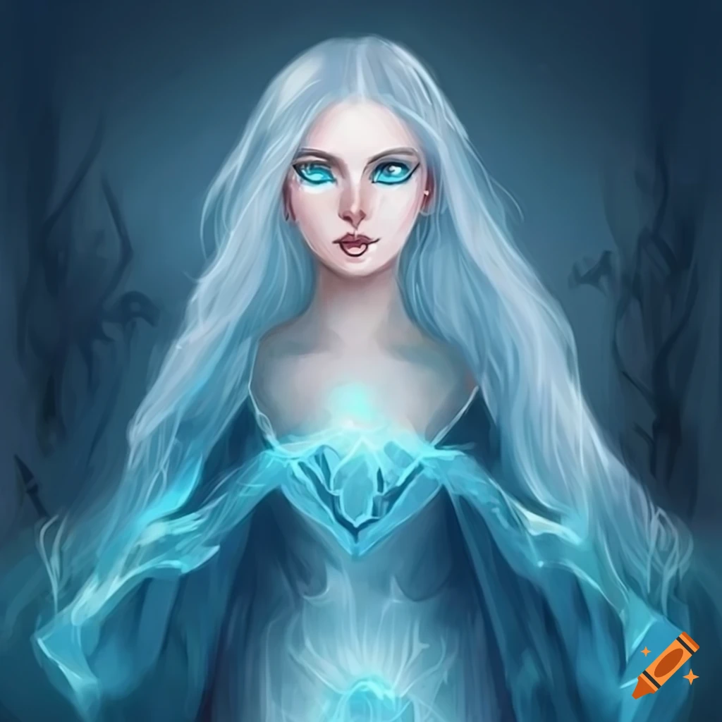 Artwork of idina, the ice mage with piercing blue eyes on Craiyon