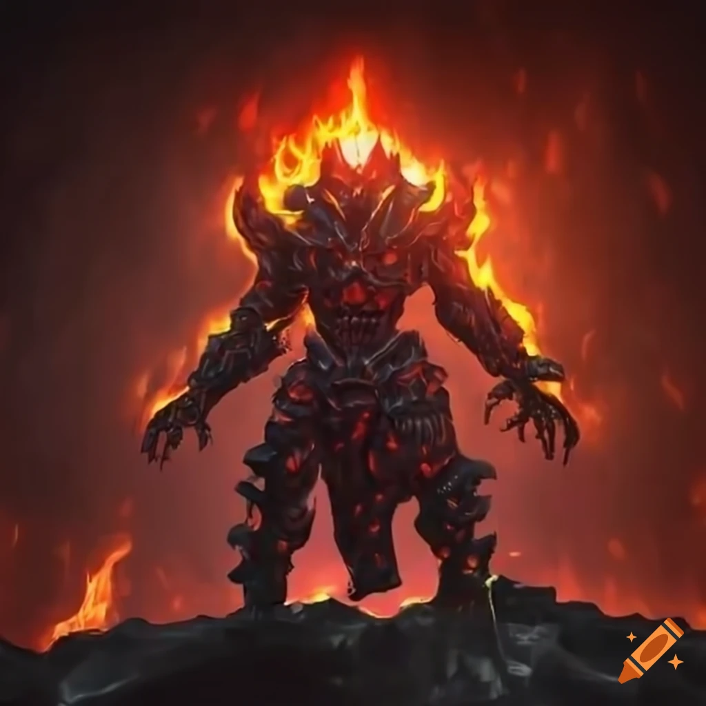 Digital artwork featuring a fiery armored demon god on Craiyon