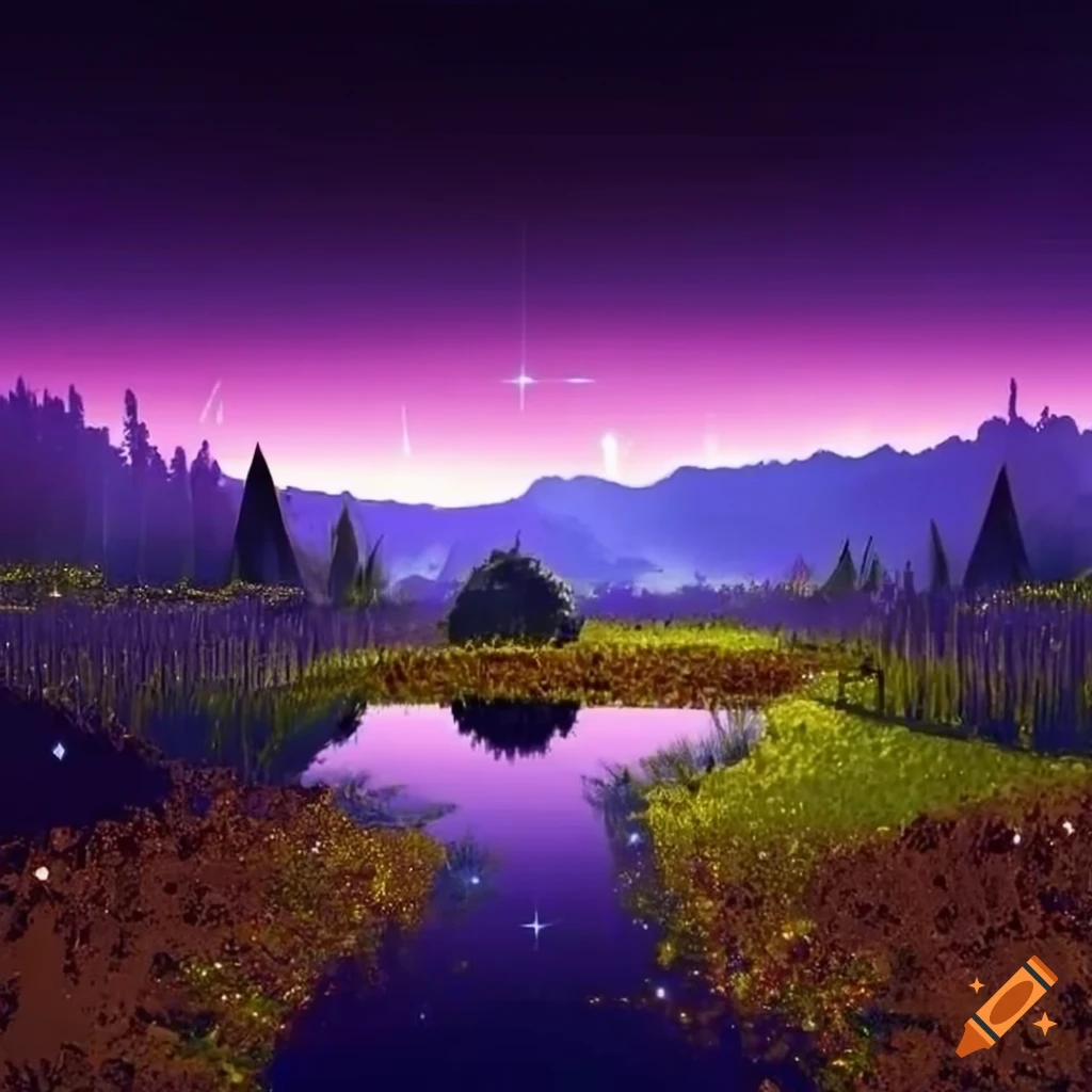 Starry nightsky with golden trees and ruby pathways on Craiyon