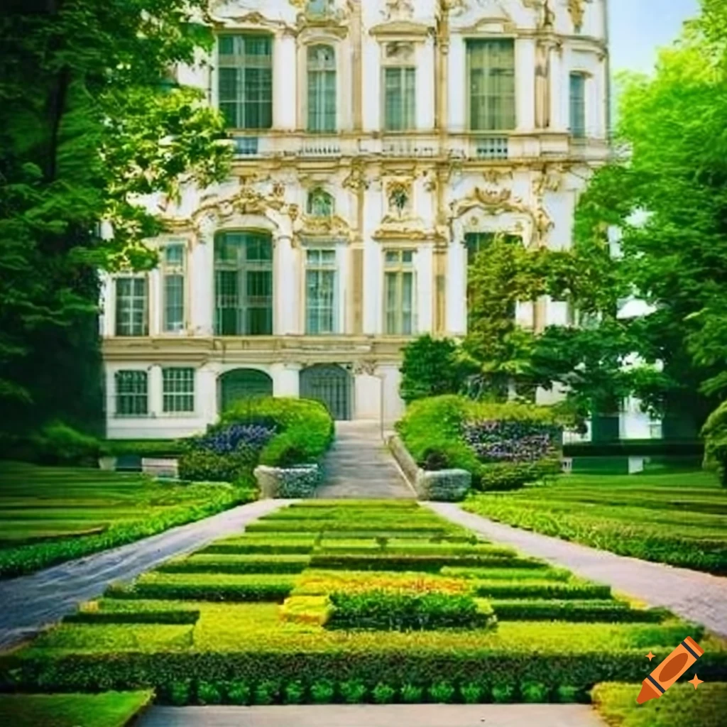 Rococo garden with white stairs and flowerbeds