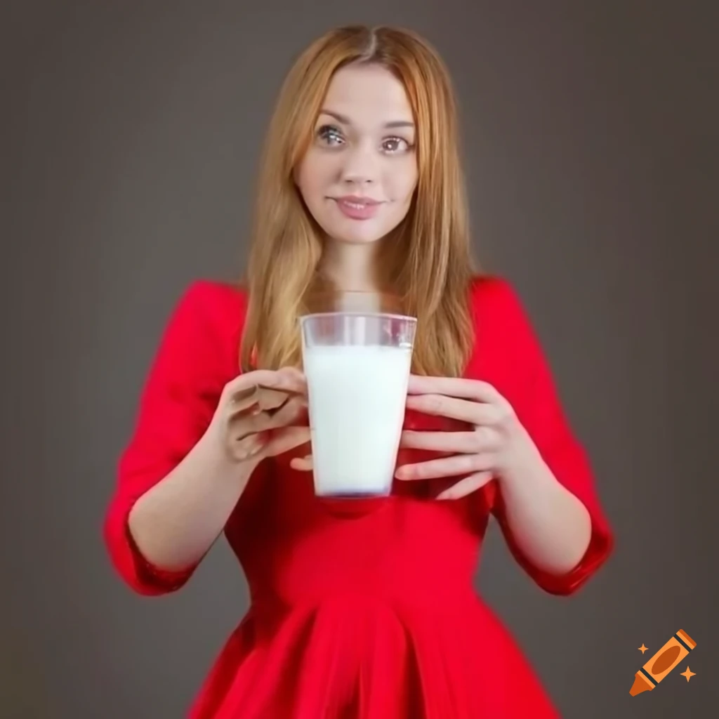 Photo realistic image of a woman in a red dress offering milk on Craiyon