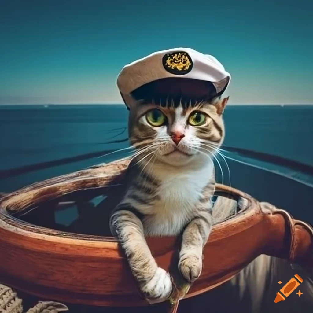 Cat wearing a captain's hat steering a ship on Craiyon