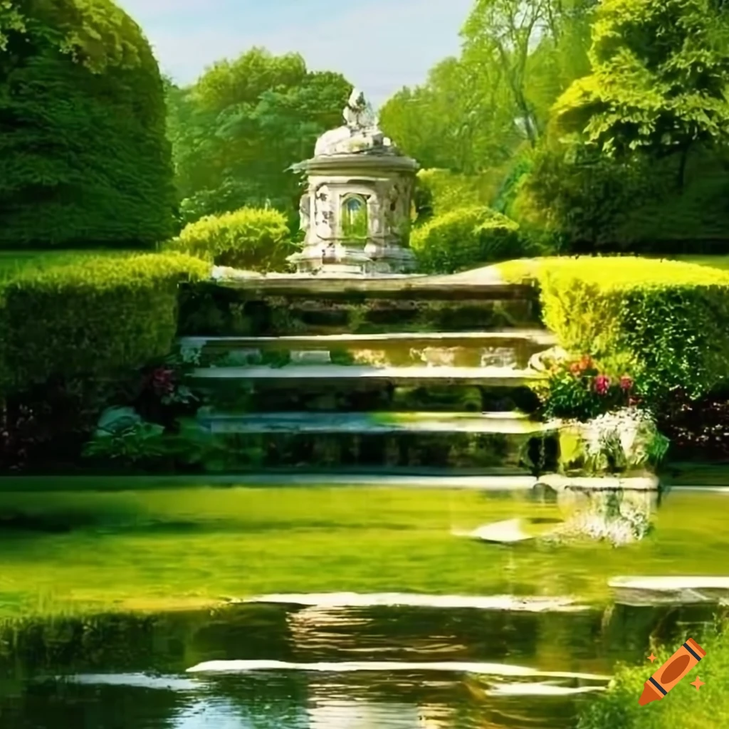 White rococo garden with stairs and flowerbeds