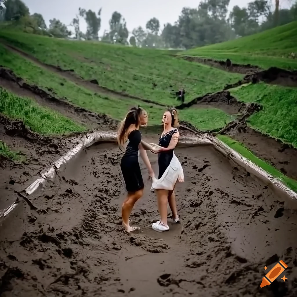 Two women walking through mud pit on a rainy day on Craiyon