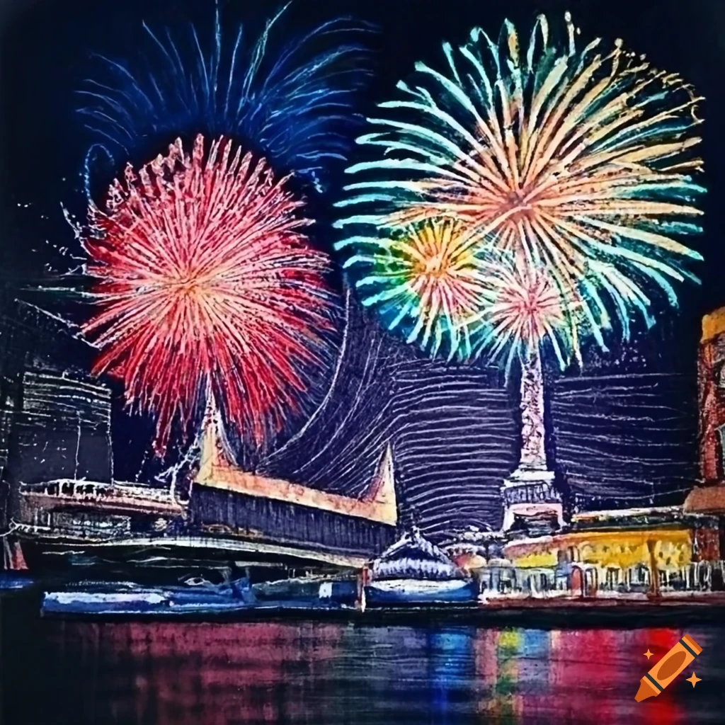 Watercolor artwork of fireworks festival at yokohama port on Craiyon