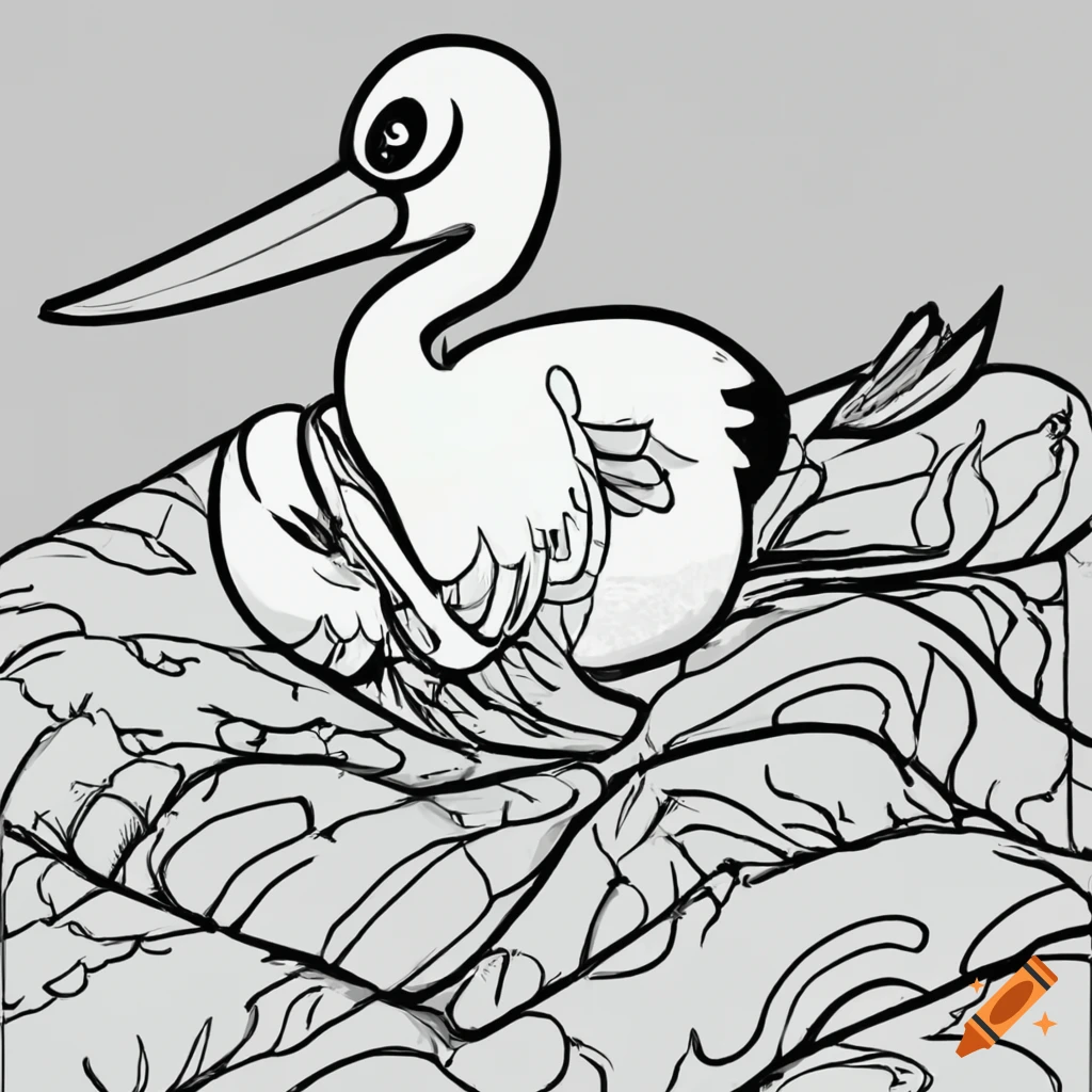 Illustration of a pregnant stork pokemon on a cozy bed on Craiyon