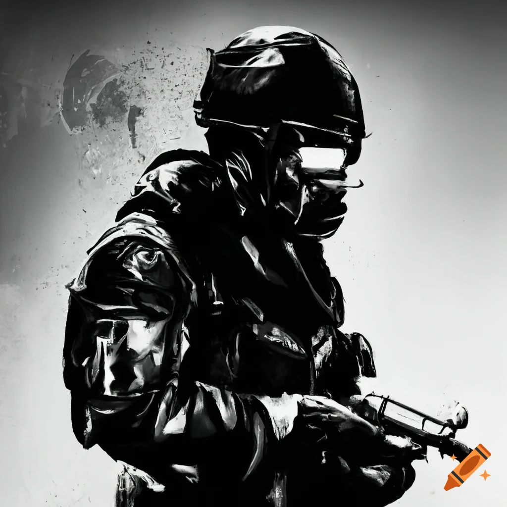 Black and white stencil of a SWAT team soldier in a hazmat suit on Craiyon