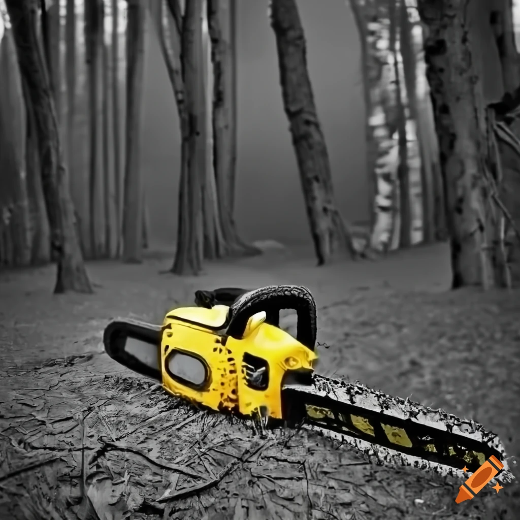 Grayscale image of a yellow chainsaw in a dark woods on Craiyon
