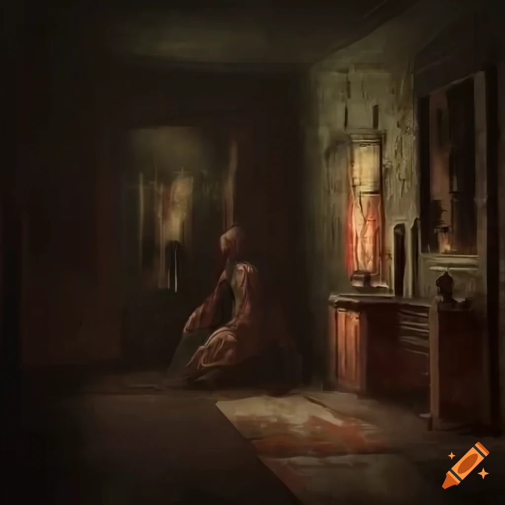 Dadaist-style painting with solemn people in a room on Craiyon