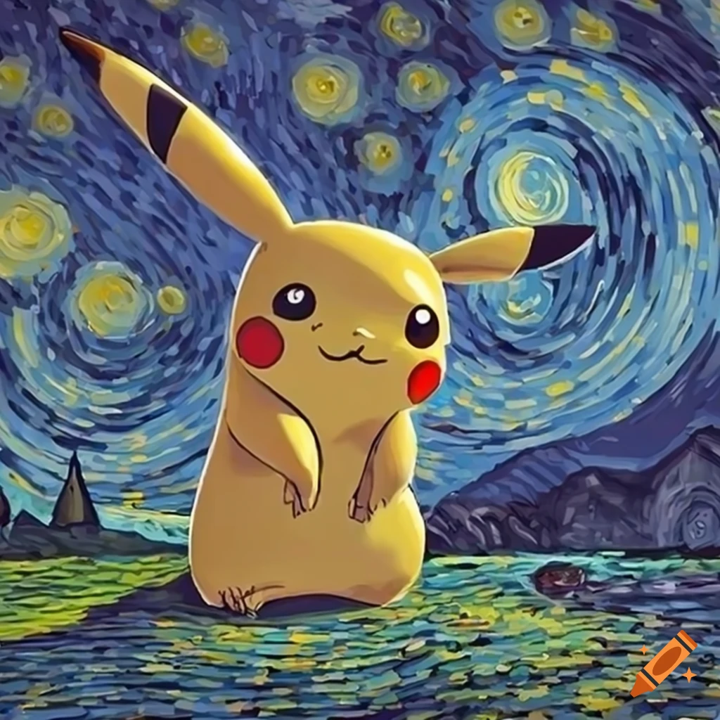 Artwork of pikachu under a starry night on Craiyon