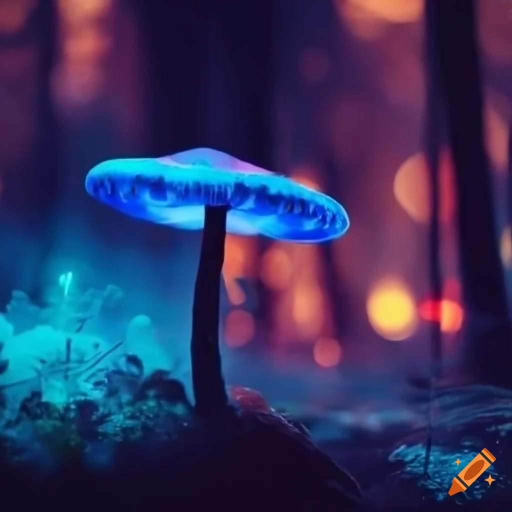 Nighttime forest with glowing mushrooms and fireflies
