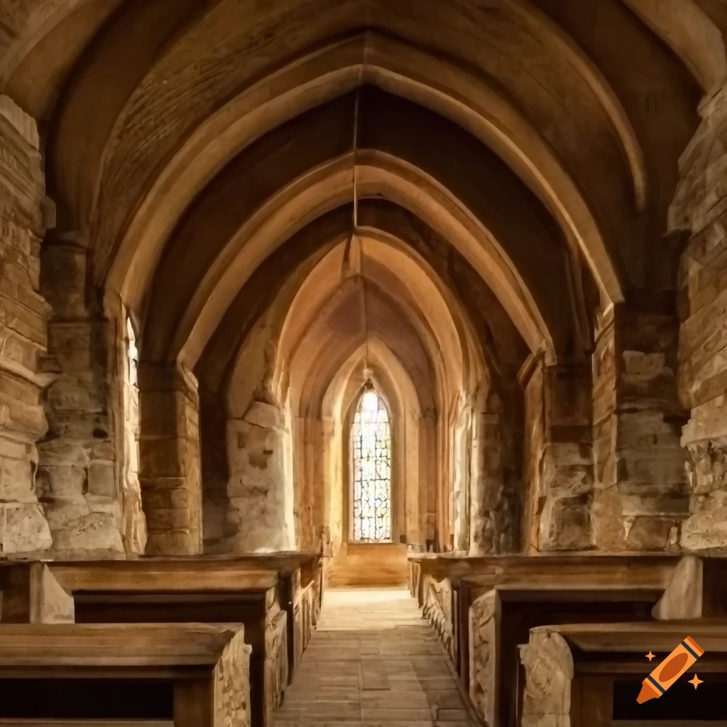 Intérieur of a small romanesque stone chapel on Craiyon