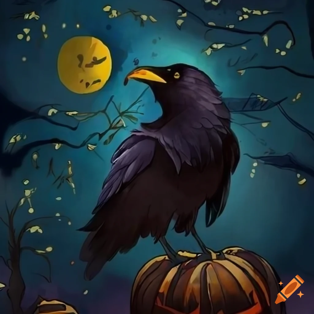 Cartoon watercolor raven on a halloween night on Craiyon