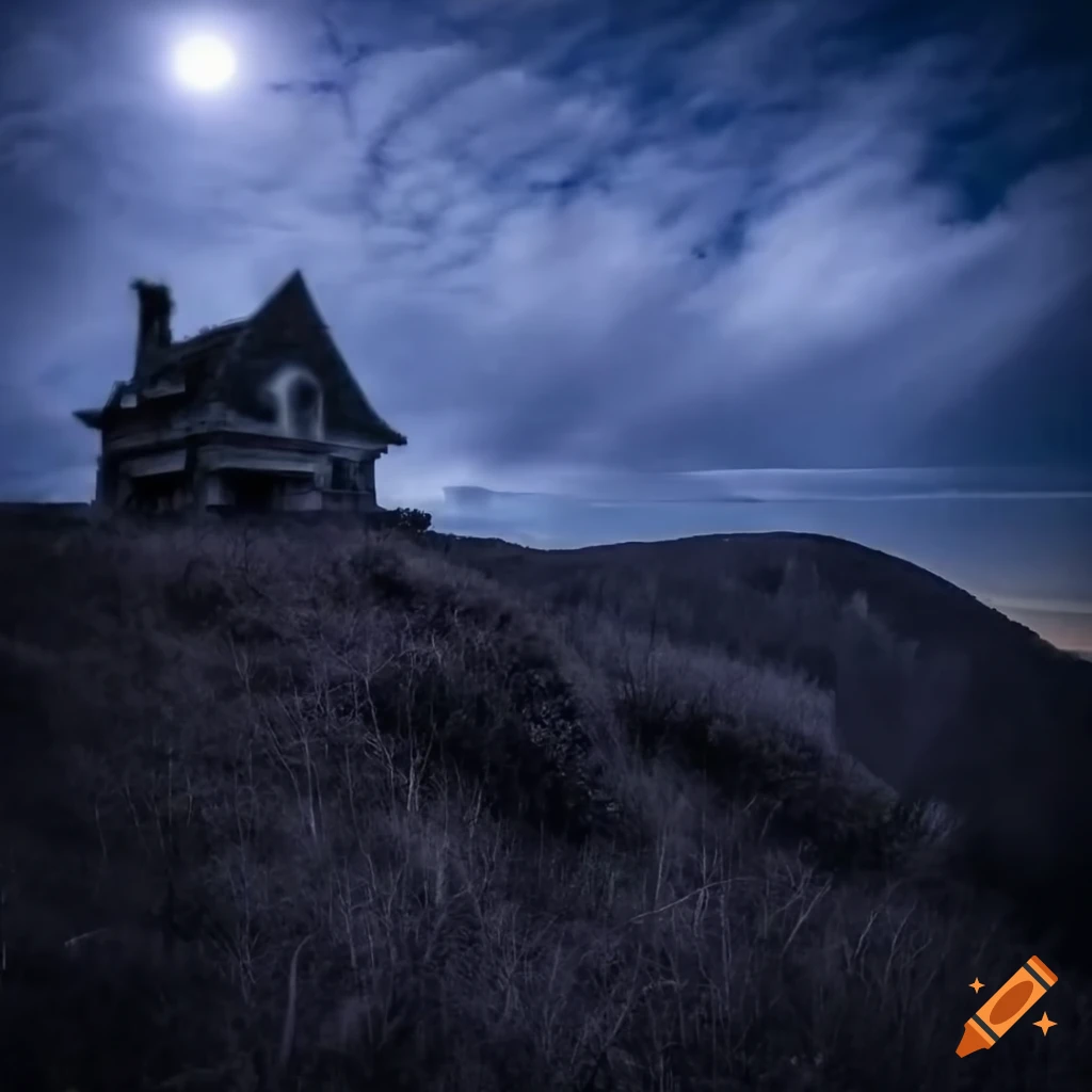 Haunted mansion on a hilltop at night