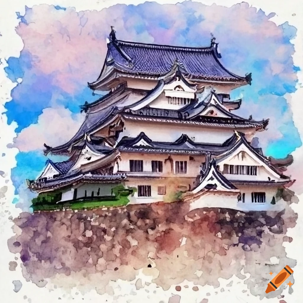 Watercolor illustration of kochi castle in japan