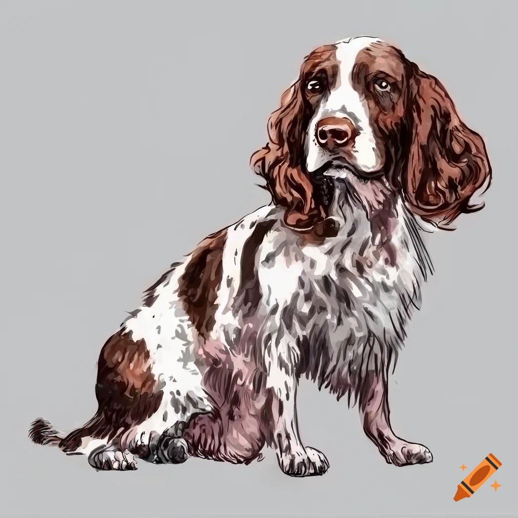 Watercolor illustration of a Springer spaniel dog standing with one paw ...