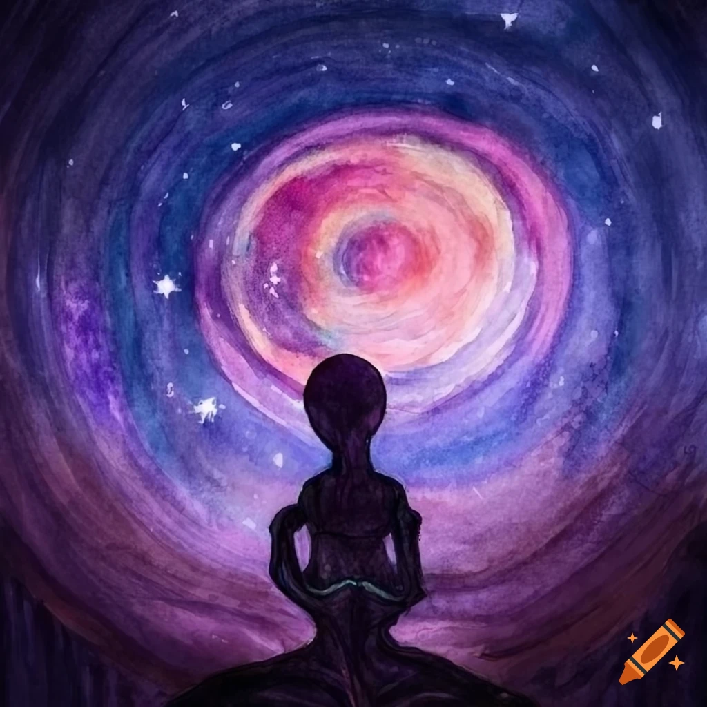 Watercolor of an alien gazing at the starry sky on a mushroom planet