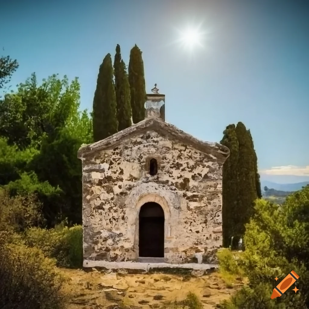 Detailed stone chapel in a mediterranean landscape on Craiyon
