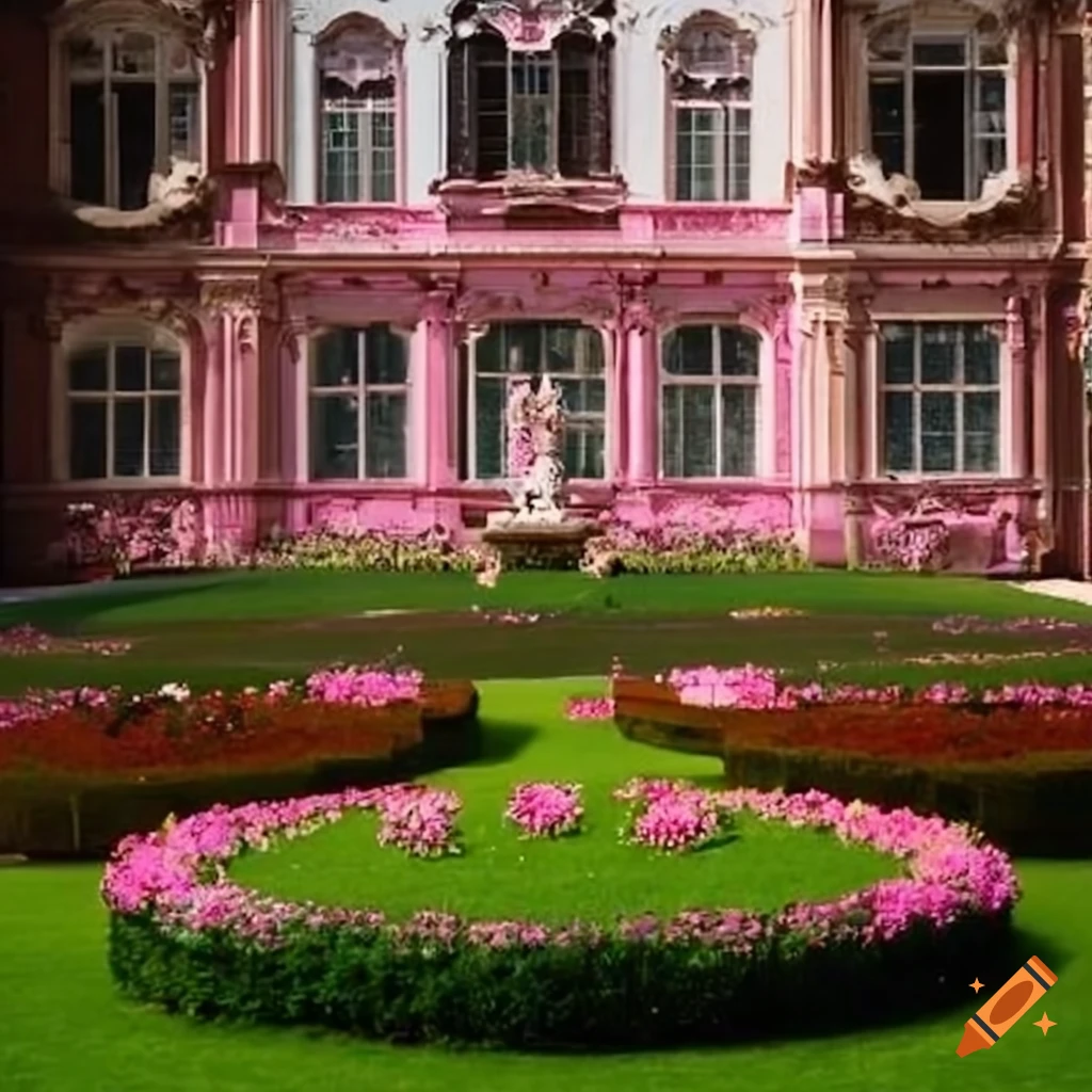 Rococo garden with pink and white flowers and stairs on Craiyon