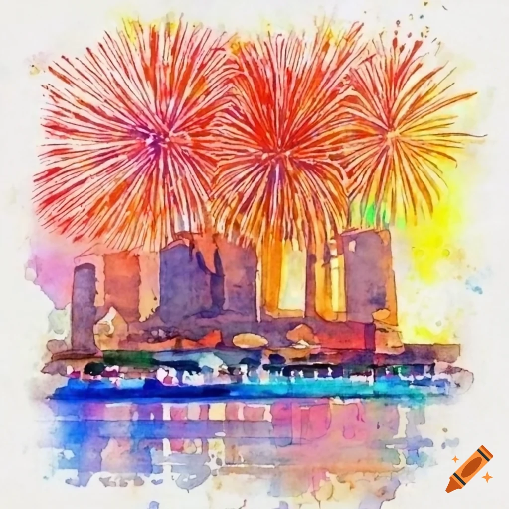 Fireworks festival artwork in watercolor style on Craiyon