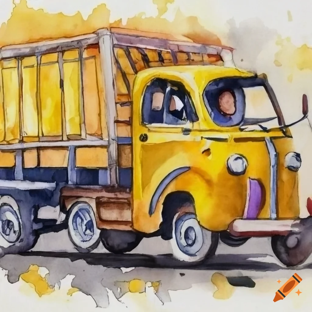 Watercolor of a postman driving a yellow truck on Craiyon