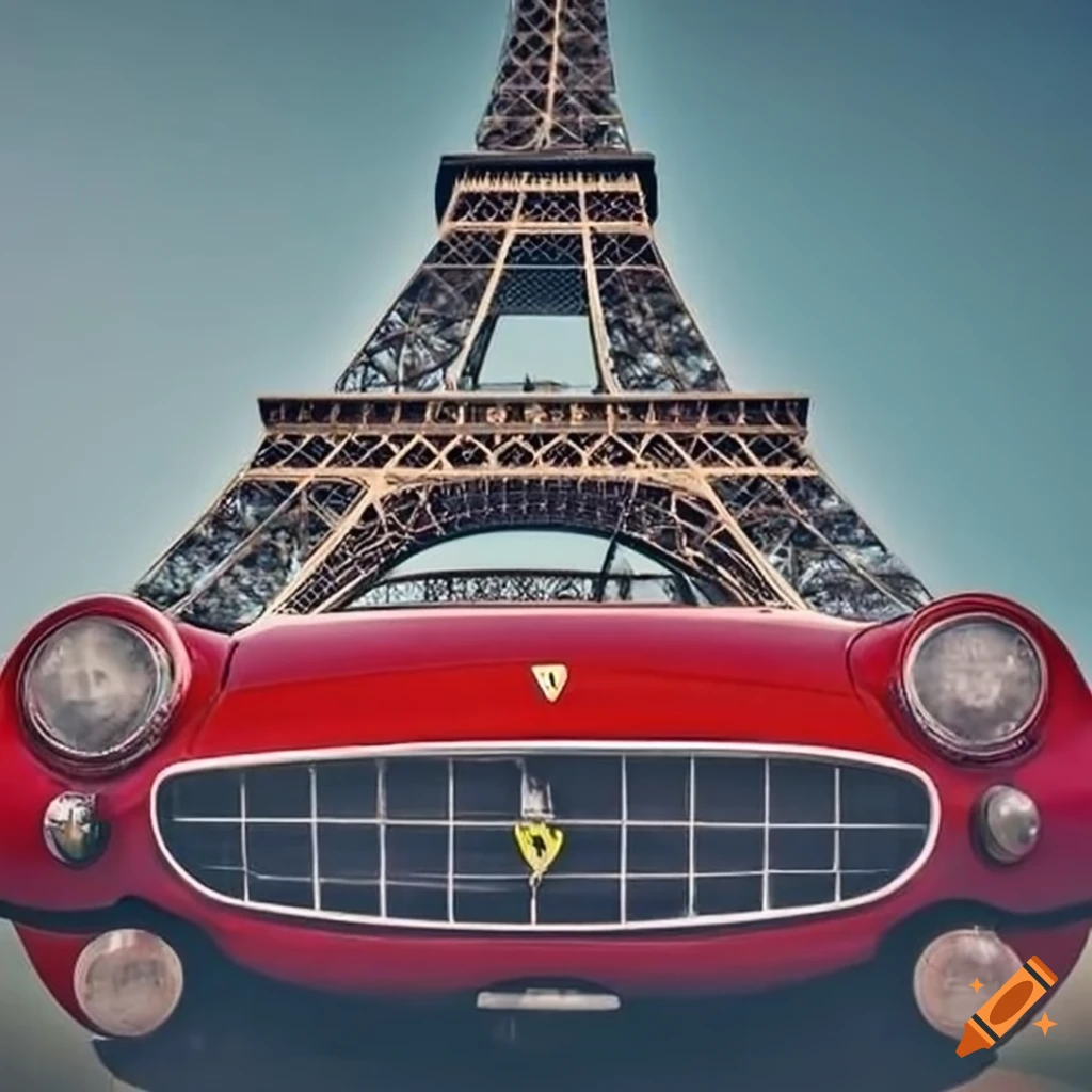 Red ferrari parked in front of the eiffel tower