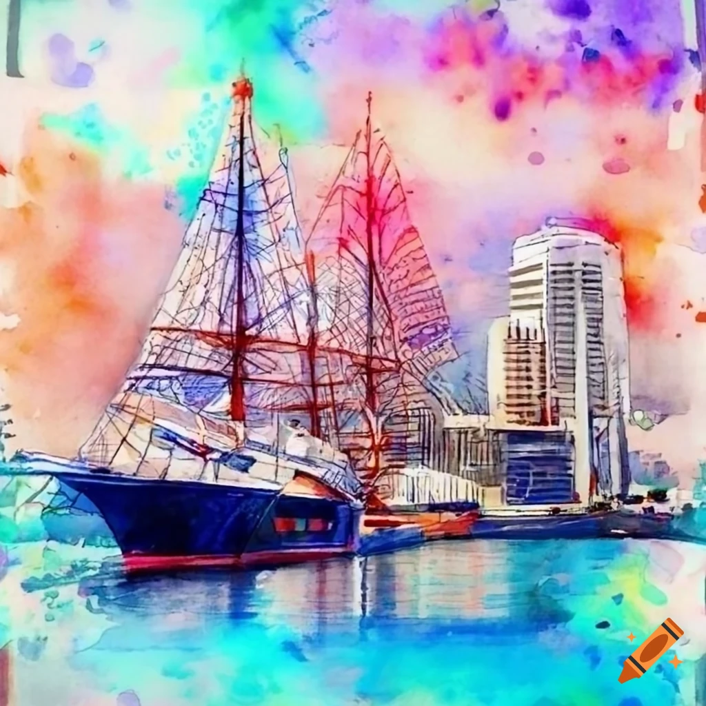 Yokohama port watercolor illustration on Craiyon