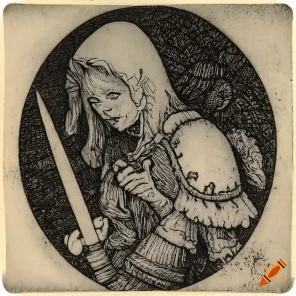 Black and white acid etching of a female knight in heroic fantasy on ...