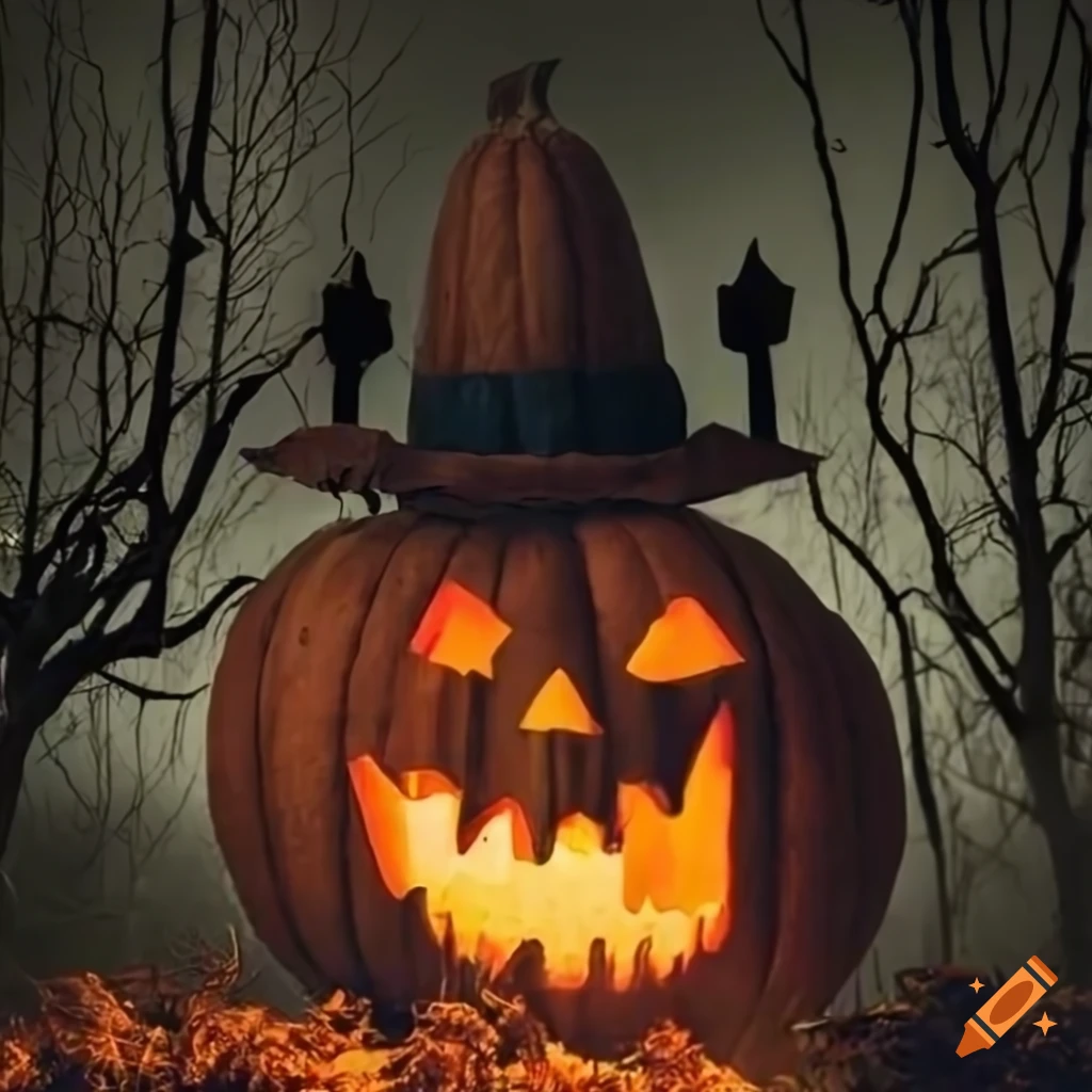 Spooky neighborhood street with pumpkins, bats, and trick or treaters ...