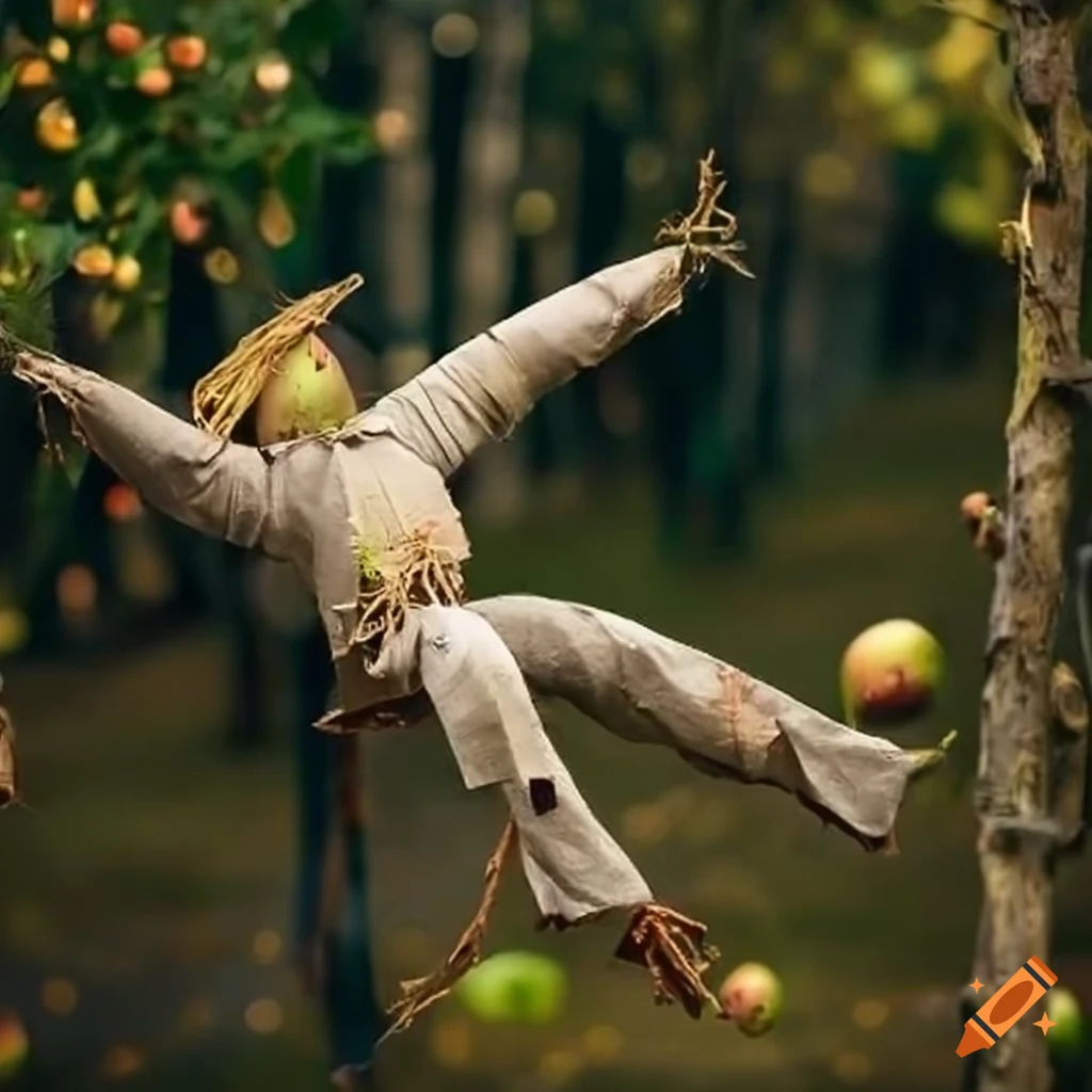 Fall harvest scene with a falling scarecrow on Craiyon
